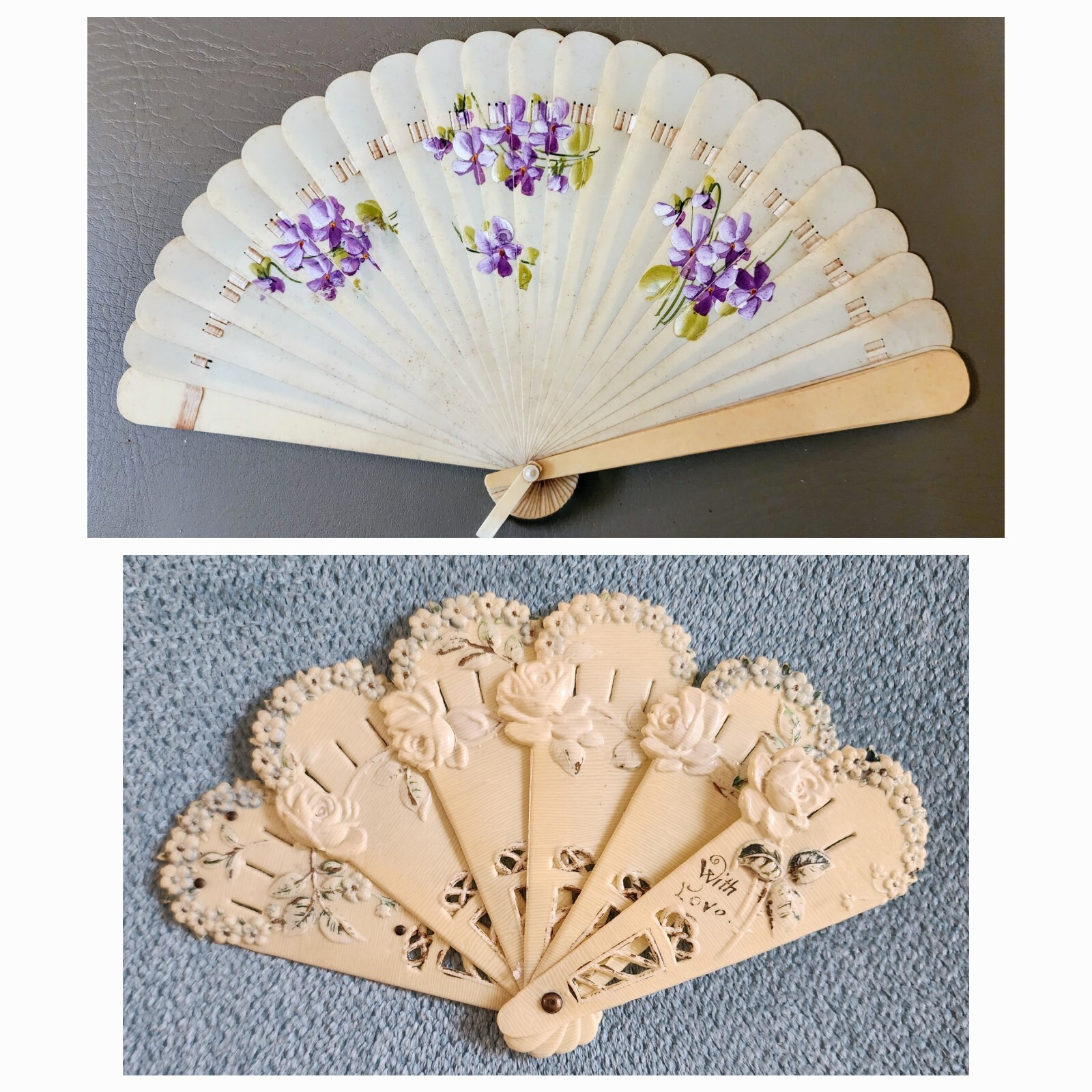 Two Vintage Celluloid Hand Fans, Child & Doll Sizes - Gem