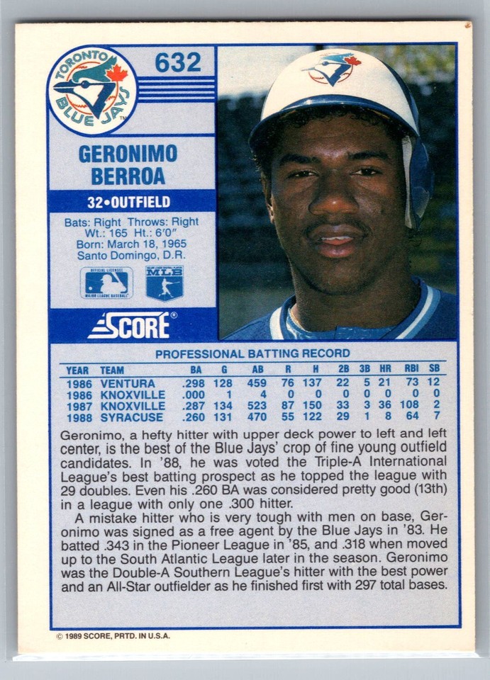 Geronimo Berroa 1989 Score Rookie BASEBALL #632 Toronto Blue Jays | eBay
