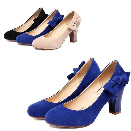 Women Faux Suede Round Toe Bows Pumps Block High Heels Court Dress ...