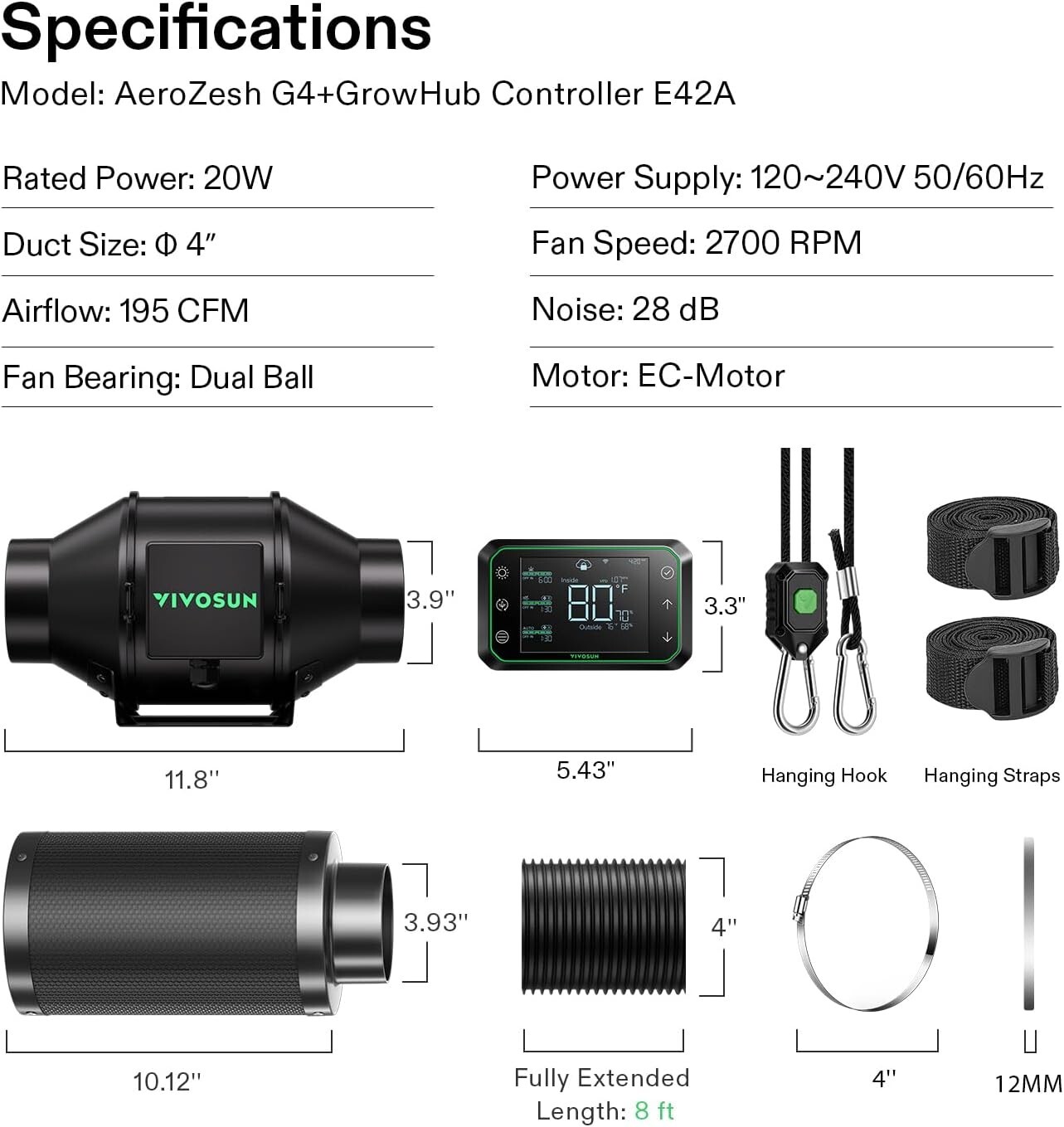 VIVOSUN AeroZesh G4 4'' 195 CFM Inline Duct Fan w/E42A,Carbon Filter,8 ...