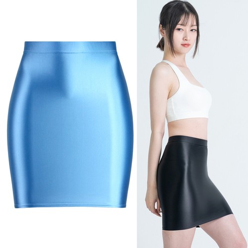 Women's Shiny Glossy Basic Pencil Bodycon Mini Skirt Stretch Office Slim Dress | eBay