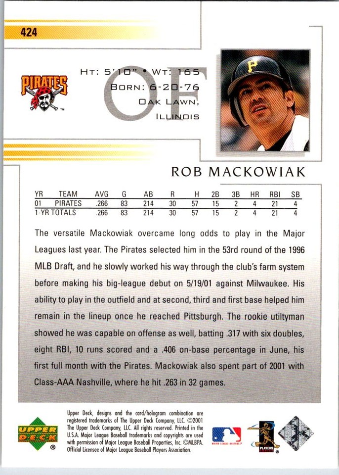 2002 Upper Deck Rob Mackowiak #424 | eBay
