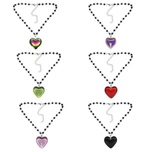 Hyperbole Glass Love Heart Pendant Necklace Punk Rock Black Beads Chain ...