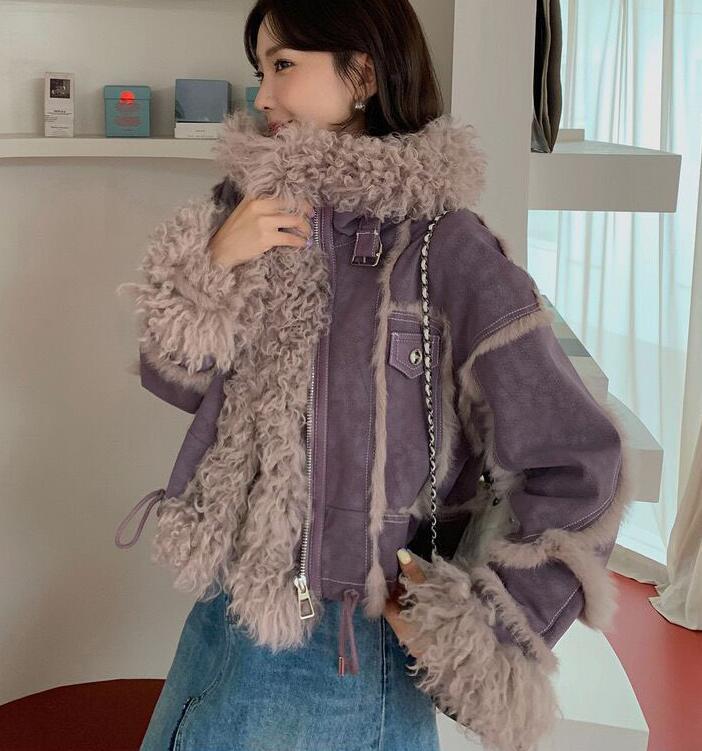 Rabbit Fur Coat Women's Short Biker Jacket Lamb Fur Collar Punk Leather ...