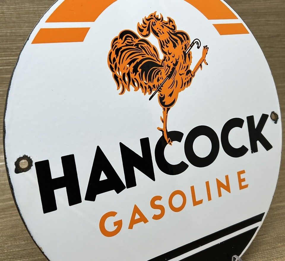 VINTAGE HANCOCK GASOLINE PORCELAIN SIGN DEALERSHIP GAS STATION MOTOR ...