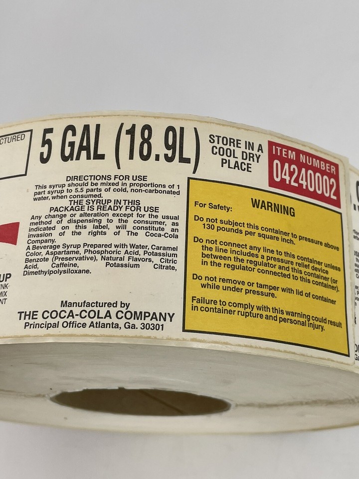 Diet Coke 5 Gal Fountain Syrup Paper Sticker Label Roll RARE 92' Coca ...