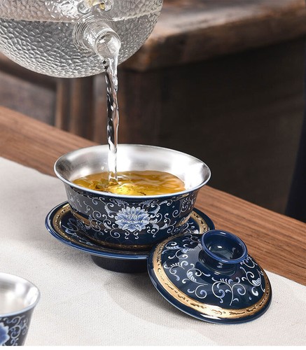 999 Sterling Silver Gaiwan Handmade Traditional Craft Porcelain Tureen ...