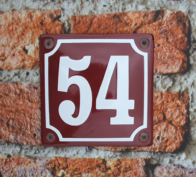 HOUSE NUMBER 54 ENAMEL SIGN. WHITE No.54 ON A BURGUNDY BACKGROUND ...