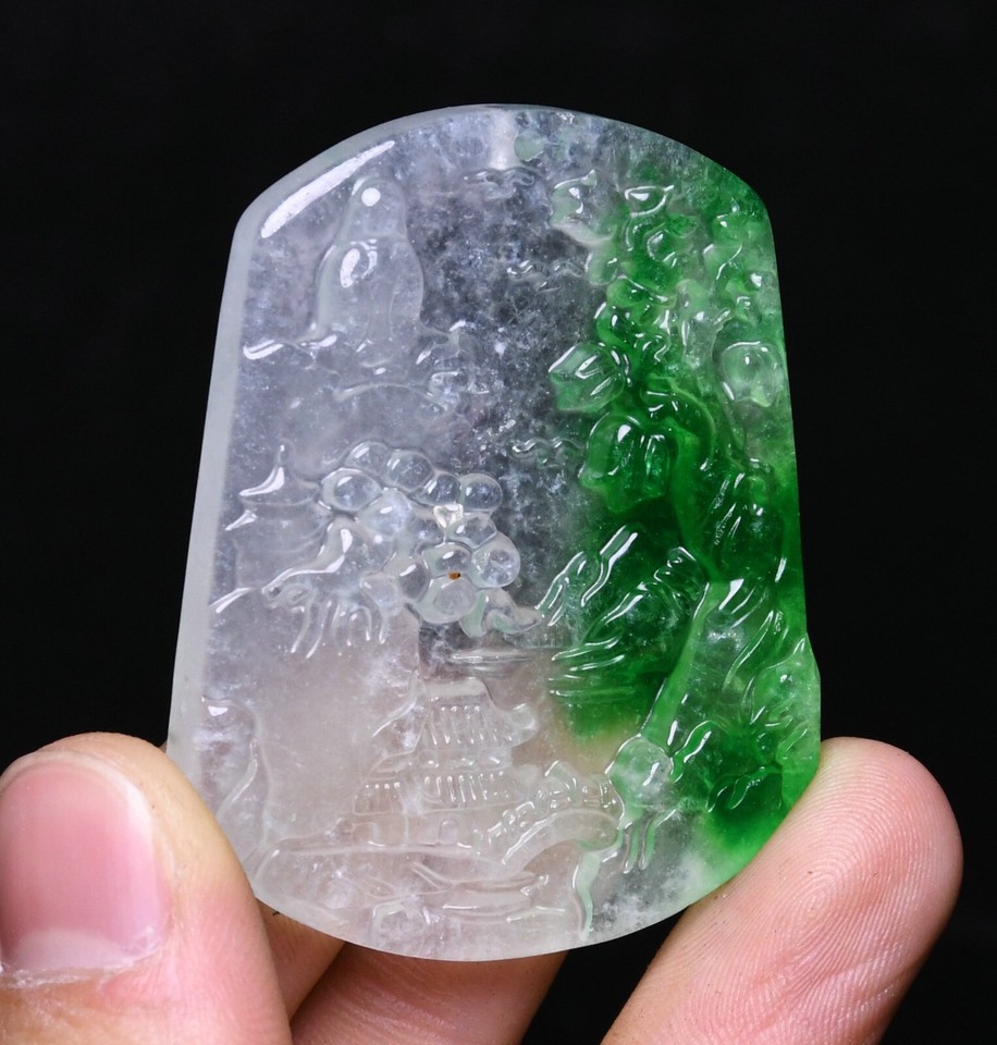 5CM China Green Jade Pine Tree Flower Buddha Wudao Pattern Yubi Yu Bi ...