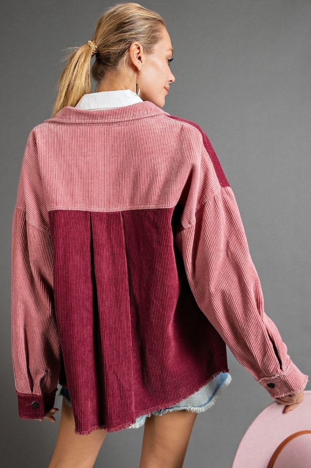Easel Color Block Button-Down Corduroy Jacket Shacket in Raspberry Pink ...