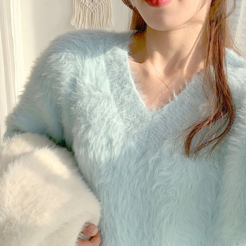Women Faux Mohair Fur Knitted Top Pullover Sweater Jumper Blouse V-neck ...
