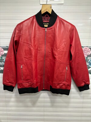 Men's Red Flight Bomber Jacket 100% Real Leather Knitted Rib Moto Biker ...