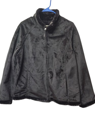 Green Tea Jacket Womans X̌XL Black Faux Fur Plush Zipper Front Long ...