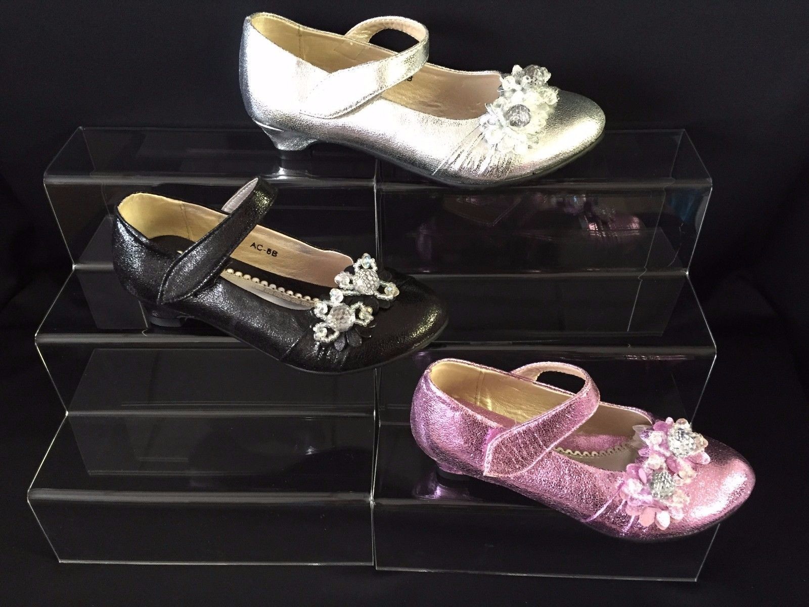 NEW GIRLS SPARKLY PARTY SHOES 1 INCH XMAS SILVER-BLACK-PINK INFANT UK 7 ...