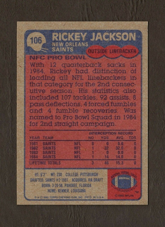 1985 Topps Football Card #106 Rickey Jackson – New Orleans Saints | eBay