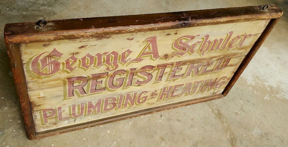 1890s DOUBLE-SIDED PAINTED WOOD PLUMBING & HEATING SIGN | eBay