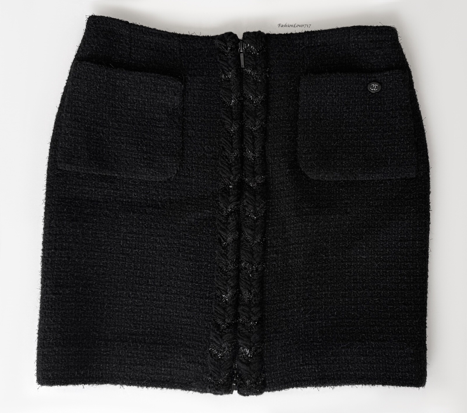 CHANEL 20B BLACK WOOL TWEED MINI BRAID TRIM SKIRT 40 - Gem