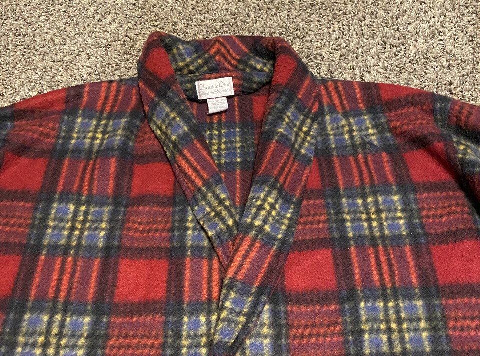 Christian Dior Robe De Chambre Red Plaid Fleece Robe Pockets Belt One ...