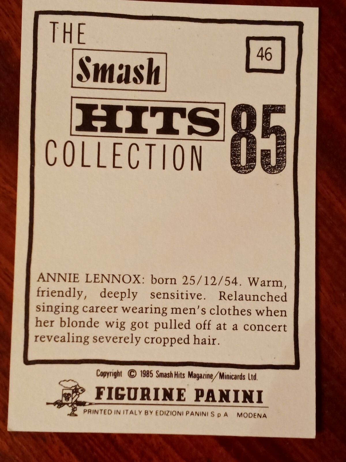 1985 Panini The Smash Hits Collection ANNIE LENNOX ROCK POP MUSIC CARD ...