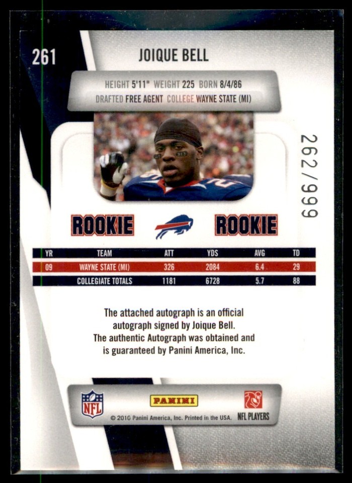 Joique Bell 2010 Panini Prestige RC Autograph Rookie Auto 262/999 #261 Buffalo | eBay