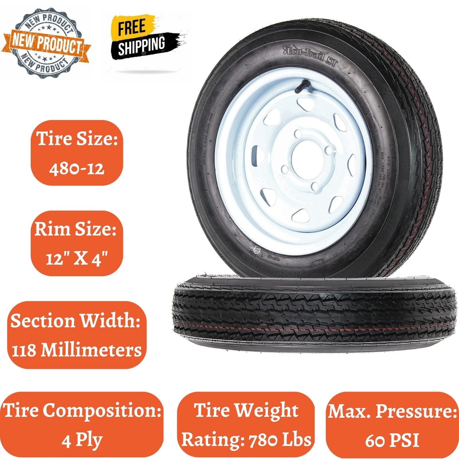 2 PC Trailer Tires Rims 12 LRB 4Lug Wheel Boat Spare Utility Cargo ...