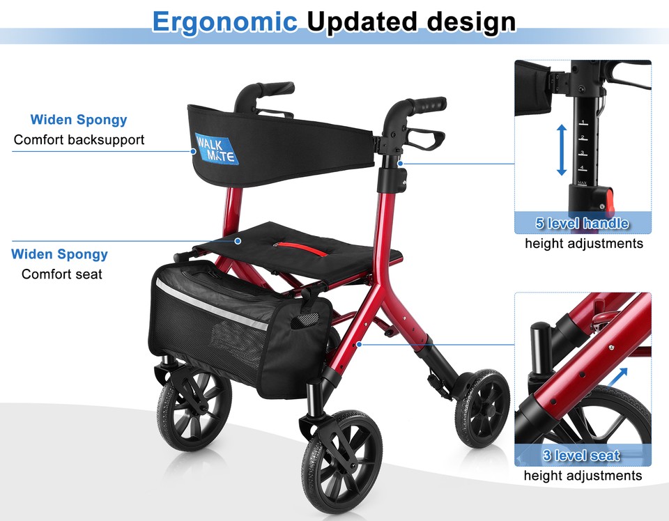 Walk Mate Rollator Pro Walker for Seniors Taller 5~7ft W/ Height-Adjustable Seat | eBay