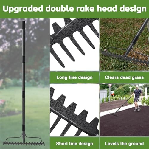 49 inch Bow Rake,Upgraded Dual-Head 1.1 inch Diameter 17 Tines ...