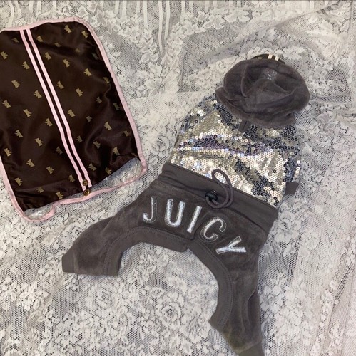 Y2K New Juicy Couture SILVER SEQUIN GRAY VELOUR DOG TRACKSUIT CLOTHES ...