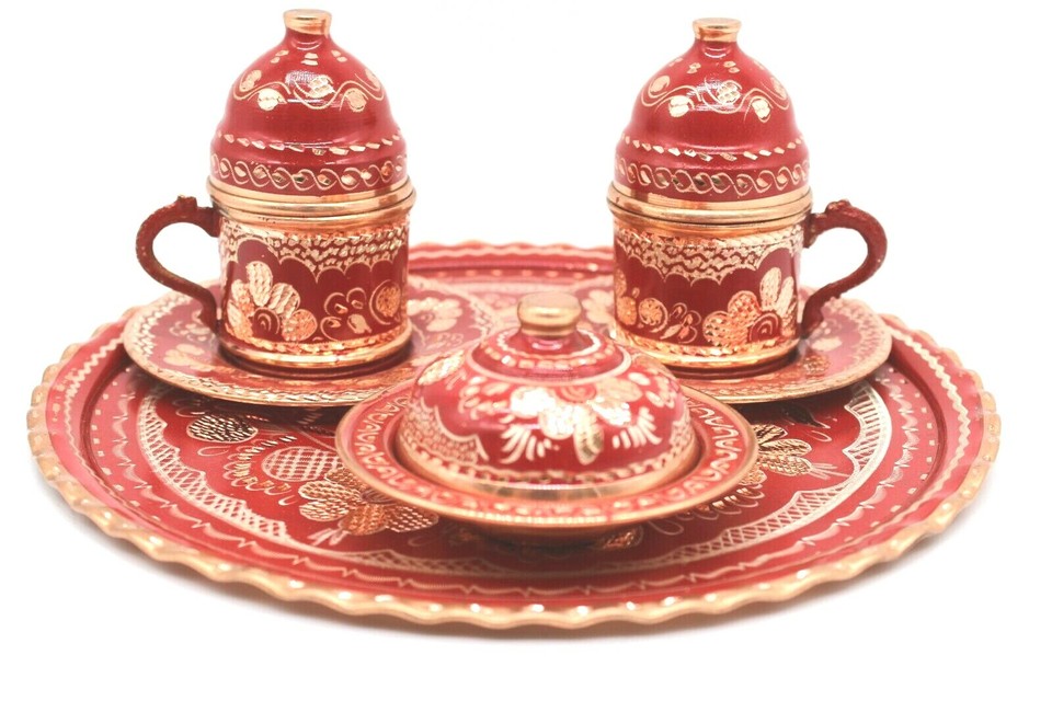Authentic Handmade Copper Turkish Greek Coffee Serving Set Red Color ...