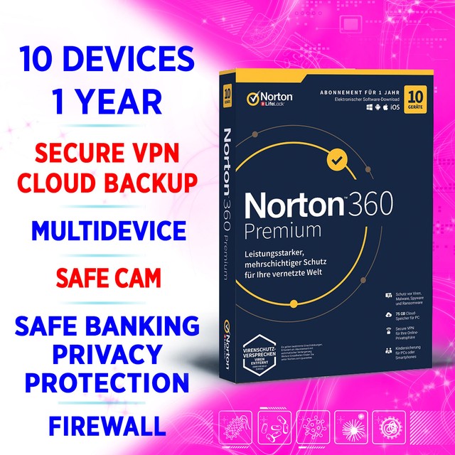 Norton 360 Premium 2021 MultiDevice 10 Devices 1 Year Incl VPN Backup ...