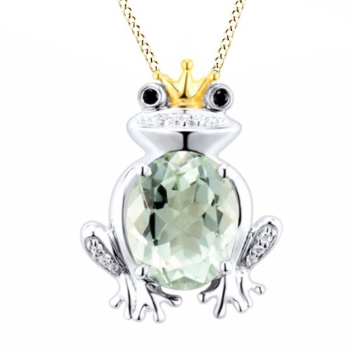 Green Quartz & Black & White Diamond Frog Prince Pendant Silver with ...