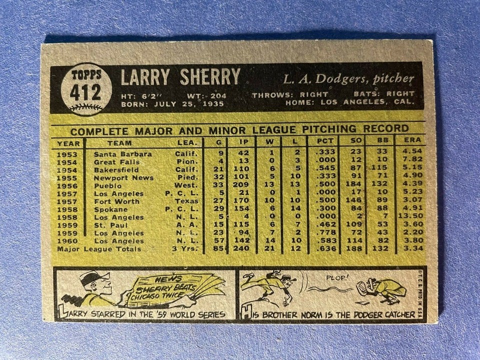 SIGNED LARRY SHERRY 1961 TOPPS BASEBALL CARD AUTOGRAPHED - DODGERS | eBay