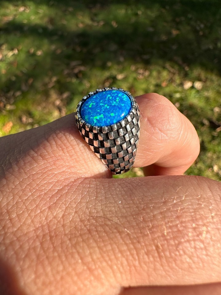 Real 925 Sterling Silver Lab Created Fire Blue Opal Gem Stone Ring Mens ...