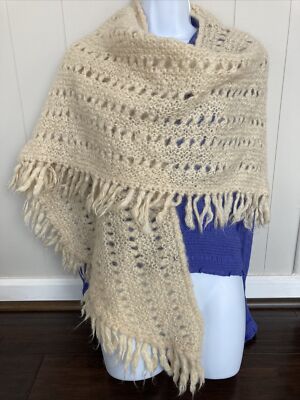 Beautiful Ivory Mohair Hand Knit Shawl Wrap Poncho Ruana Cape Bohemian ...