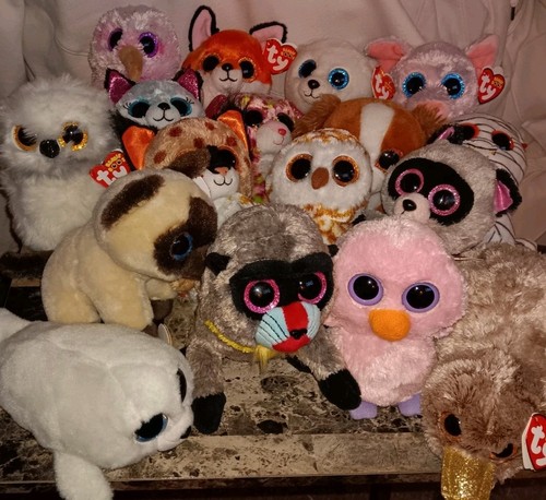 Lot Of 17 Ty Beanie Boo, Glitter Eyes 11 Tagged Cat Dog Bird Fox Owl ...