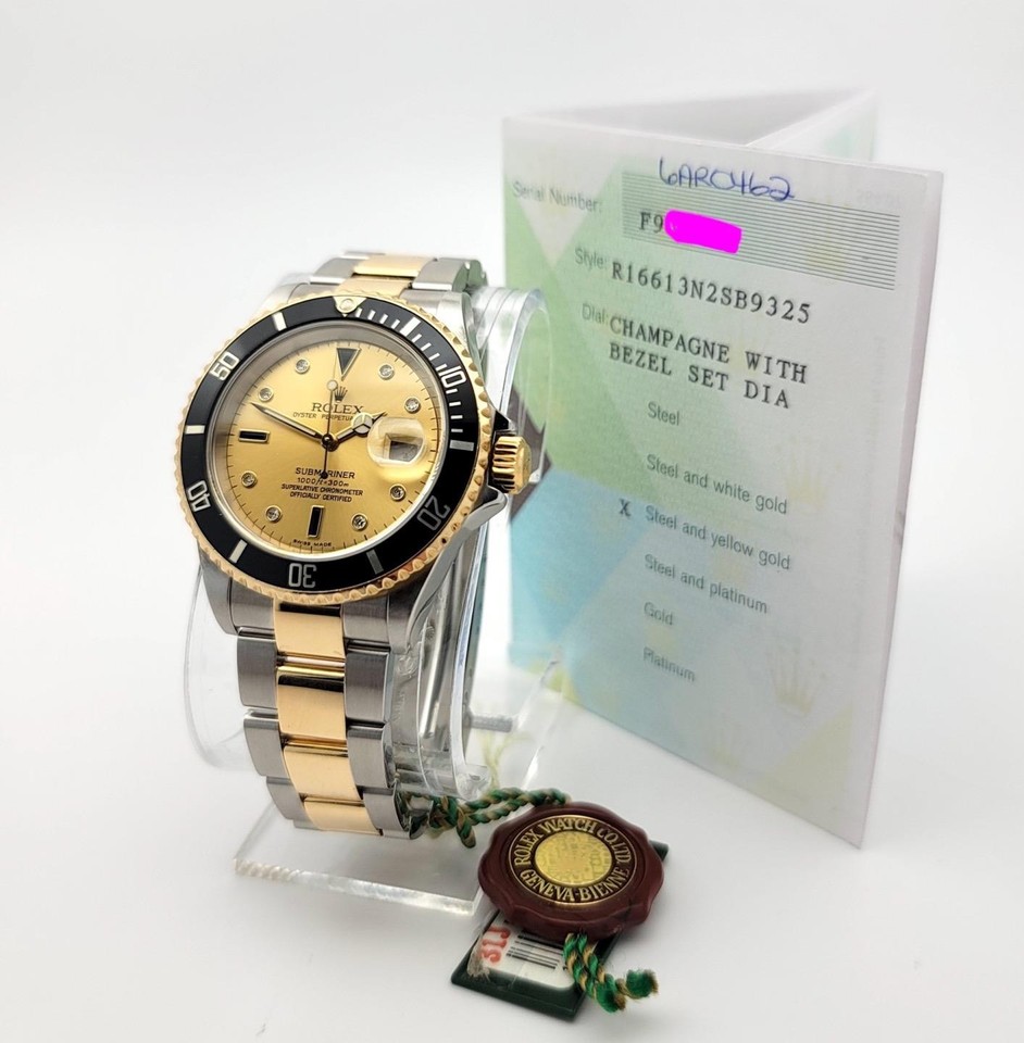 ROLEX 16613 F-SERIAL NO HOLES SUBMARINER DATE SERTI DIAMOND DIAL ! RARE ...