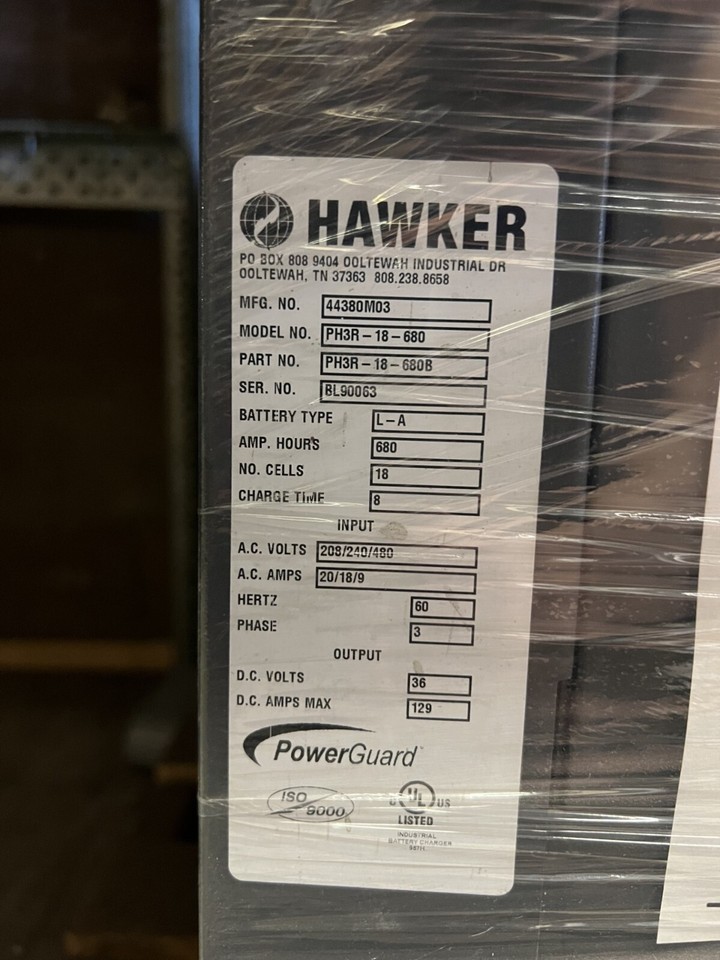 NEW NEVER USED HAWKER,POWERGUARD, BATTERY CHARGER, 36V OUT, 18 CELLS ...