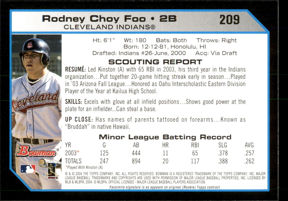 2004 Bowman Rodney Choy Foo #209 FY, RC Cleveland Indians | eBay
