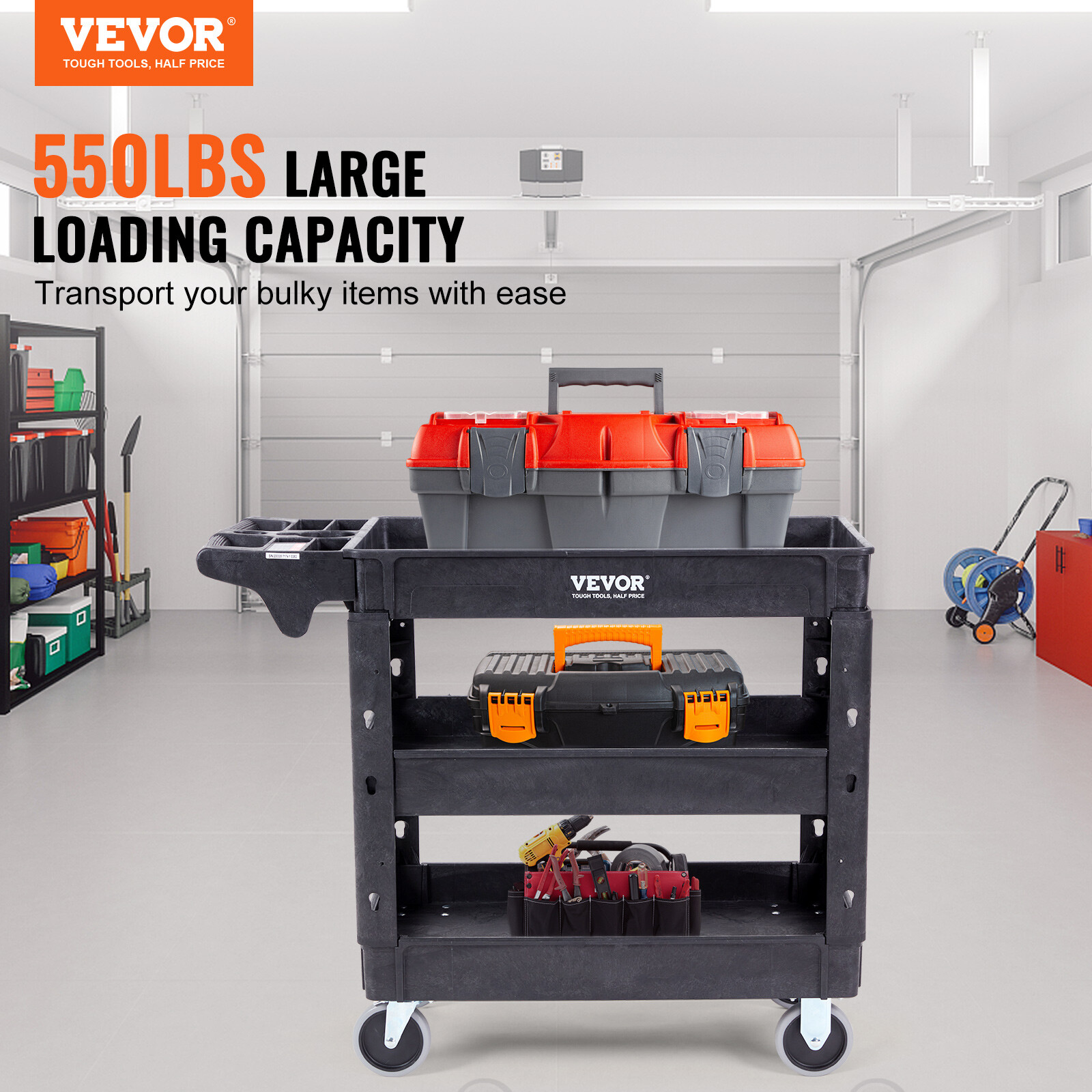 VEVOR Utility Service Cart 3 Shelf 550LBS 360° Swivel Wheels (2 with ...