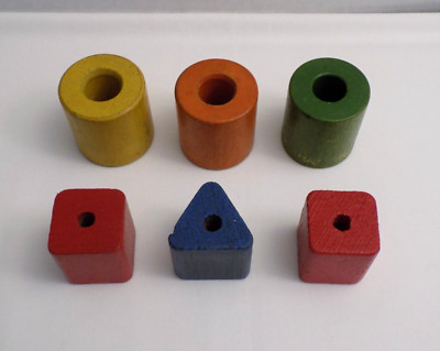 6 Vtg Wooden Building Block Toy Color Wood Shapes Cylinder Rectangle ...