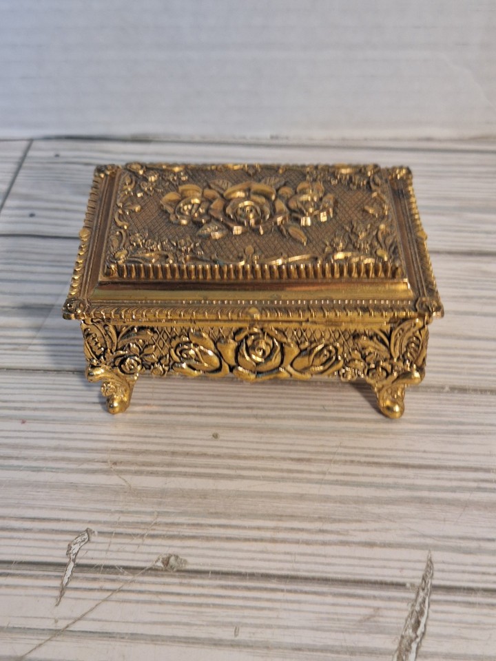 Antique Gold Music Box Trinket Crank Wind Music Vintage - Made In Japan ...