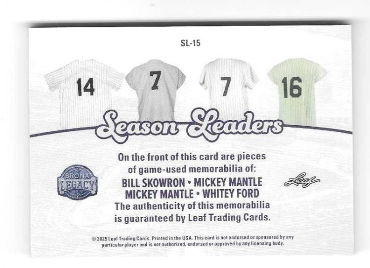 MICKEY Skowron MANTLE Whitey Ford 2025 Leaf Bronx Legacy Yankees QUAD ...