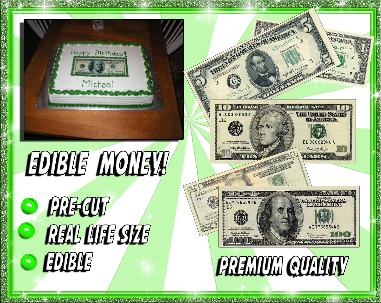 Money Edible cake images sugar Birthday bills paper ideas paper Dollars ...