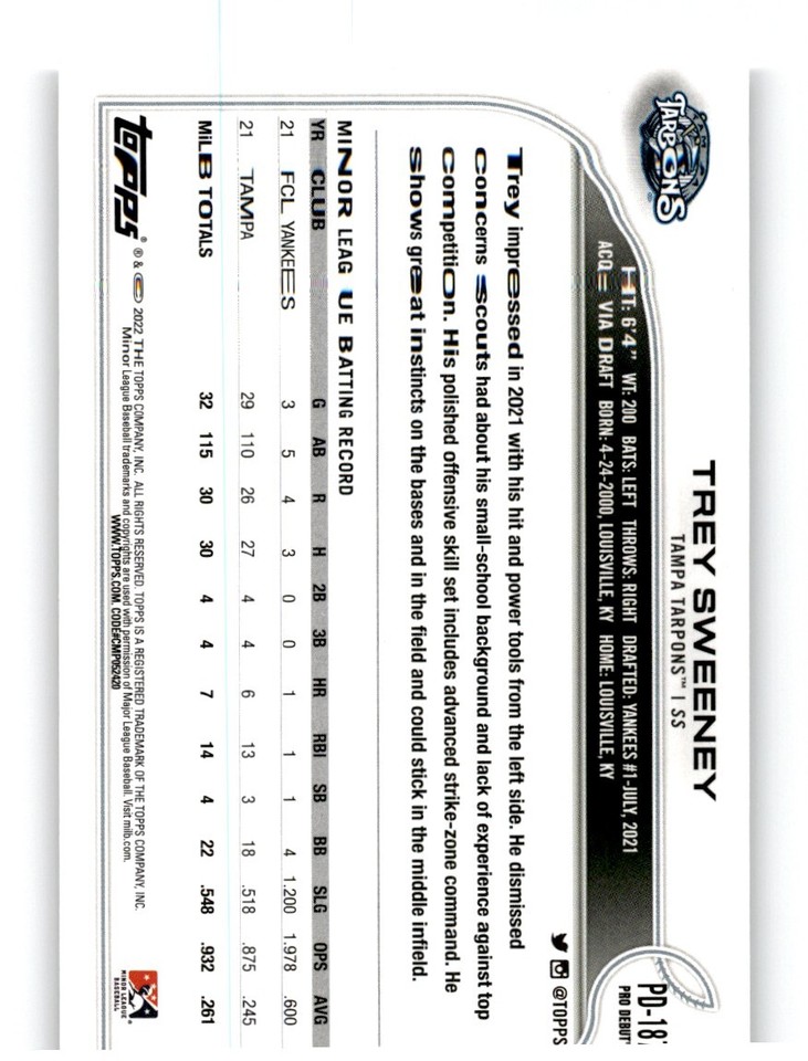 2022 TOPPS PRO DEBUT TREY SWEENEY TAMPA TARPONS #PD-187 | eBay