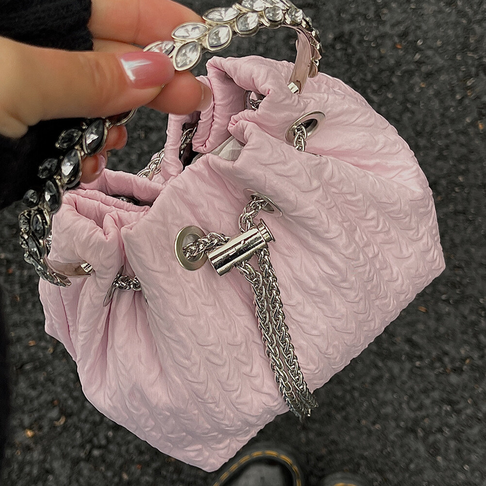 Women Bucket Bags Chains Rhinestone Drawstring Ladies Handbags Purse ...