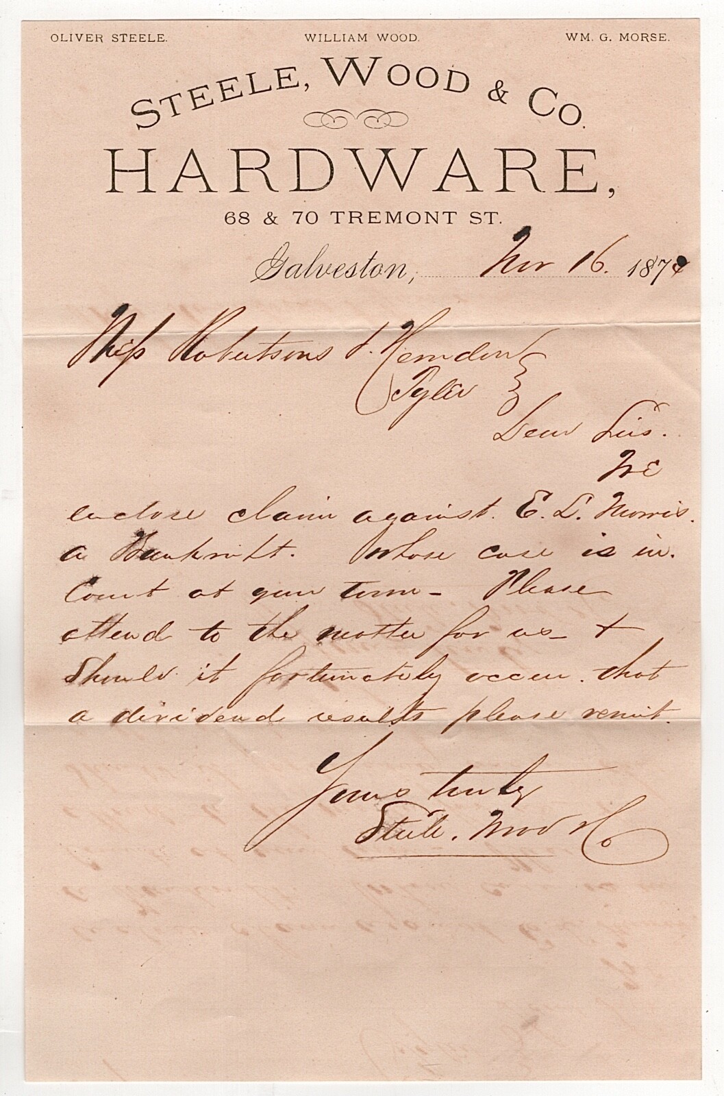 1874 STEEL WOOD CO LETTERHEAD HARDWARE TREMONT ST GALVESTON TEXAS DEBT ...