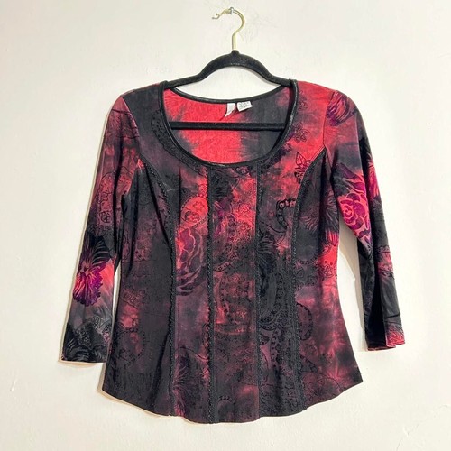 Y2K red & white abstract paisley rose appliqué top whimsigoth fairy ...