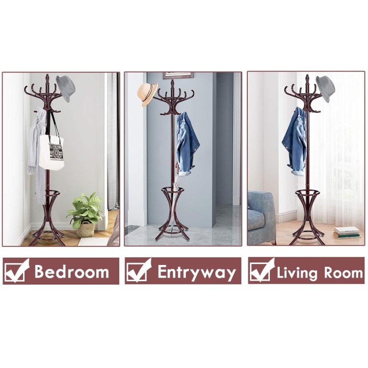 Wooden Standing Hat Coat Rack Tree Bag Hanger Tree 12 Hook Umbrella ...