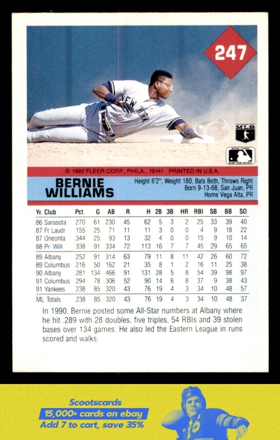 1992 Fleer Bernie Williams #247 New York Yankees | eBay