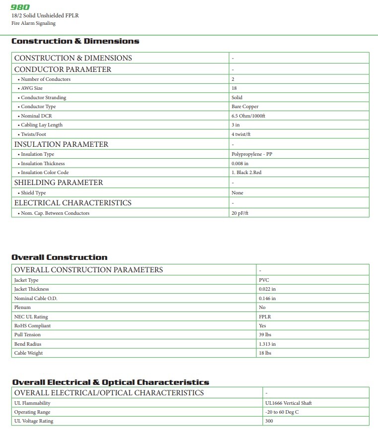 West Penn Wire 980 18/2C Solid FPLR Non-plenum Unshidd Fire Alarm Cable ...